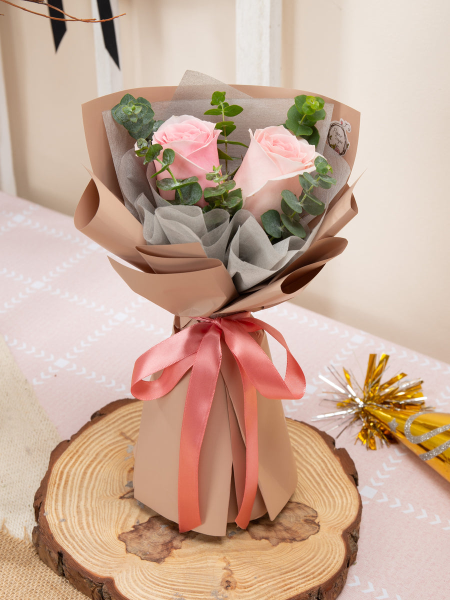 Double Admire | Pink Rose and Eucalyptus Hand Bouquet – Flower Sugar