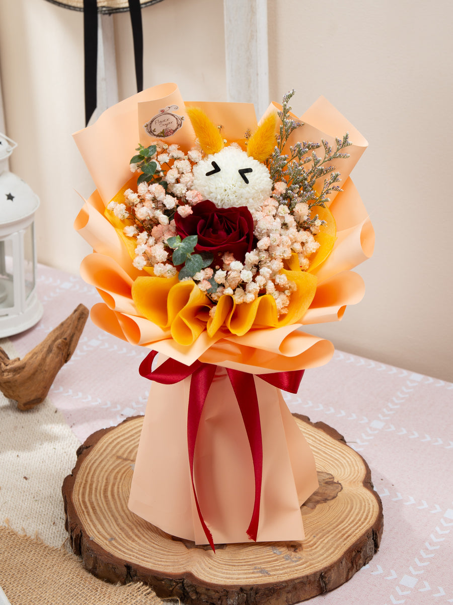Farm Bunny | Ping Pong Chrysanthemum, Red Rose & Baby Breath Bouquet ...