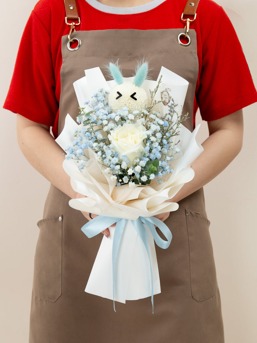 Farm Bunny | Ping Pong Chrysanthemum, White Rose & Baby Breath Bouquet ...