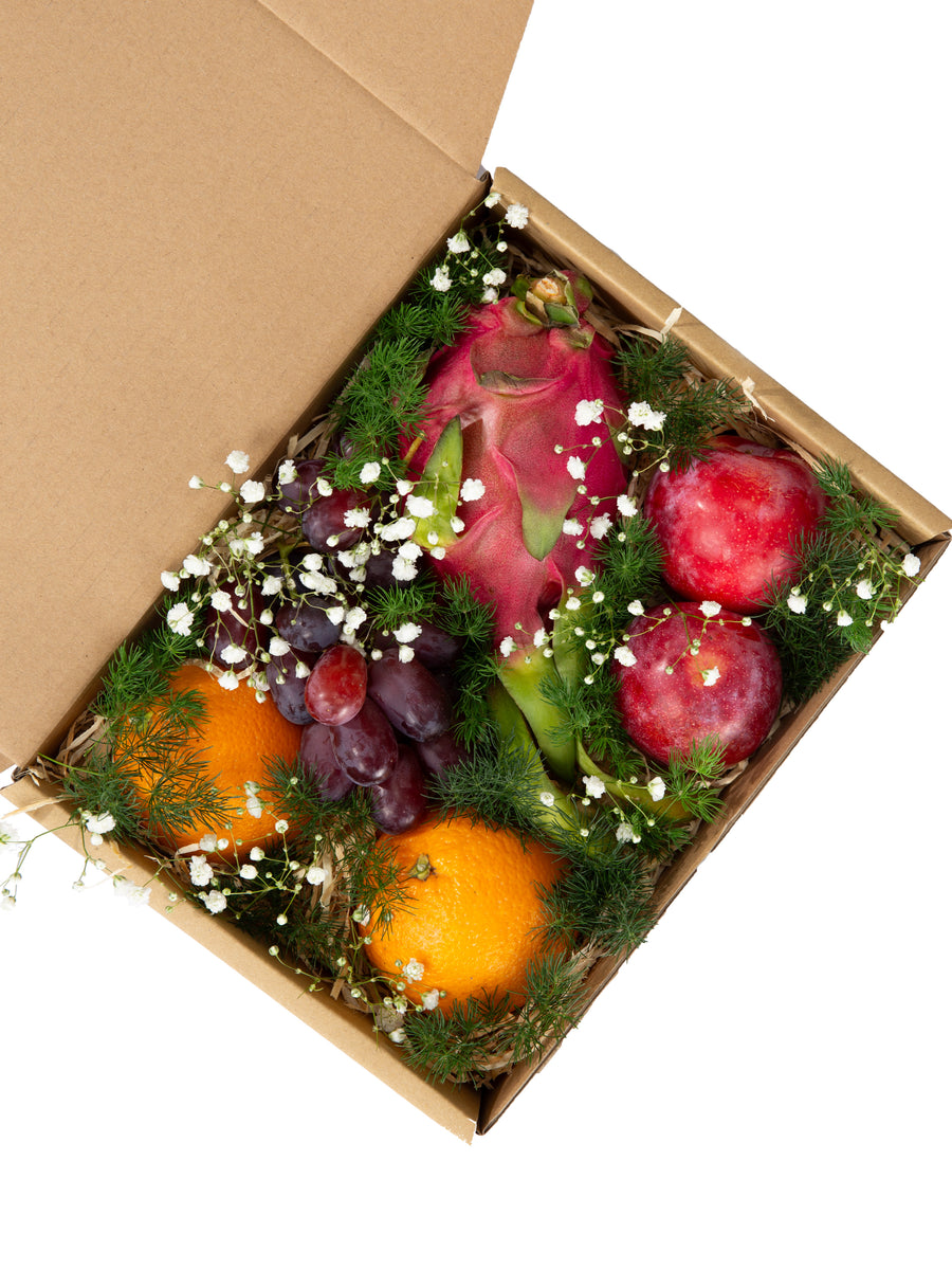 Burgundy Fruit Box | Dragon Fruit, Plum, Grape, Orange – Flower Sugar