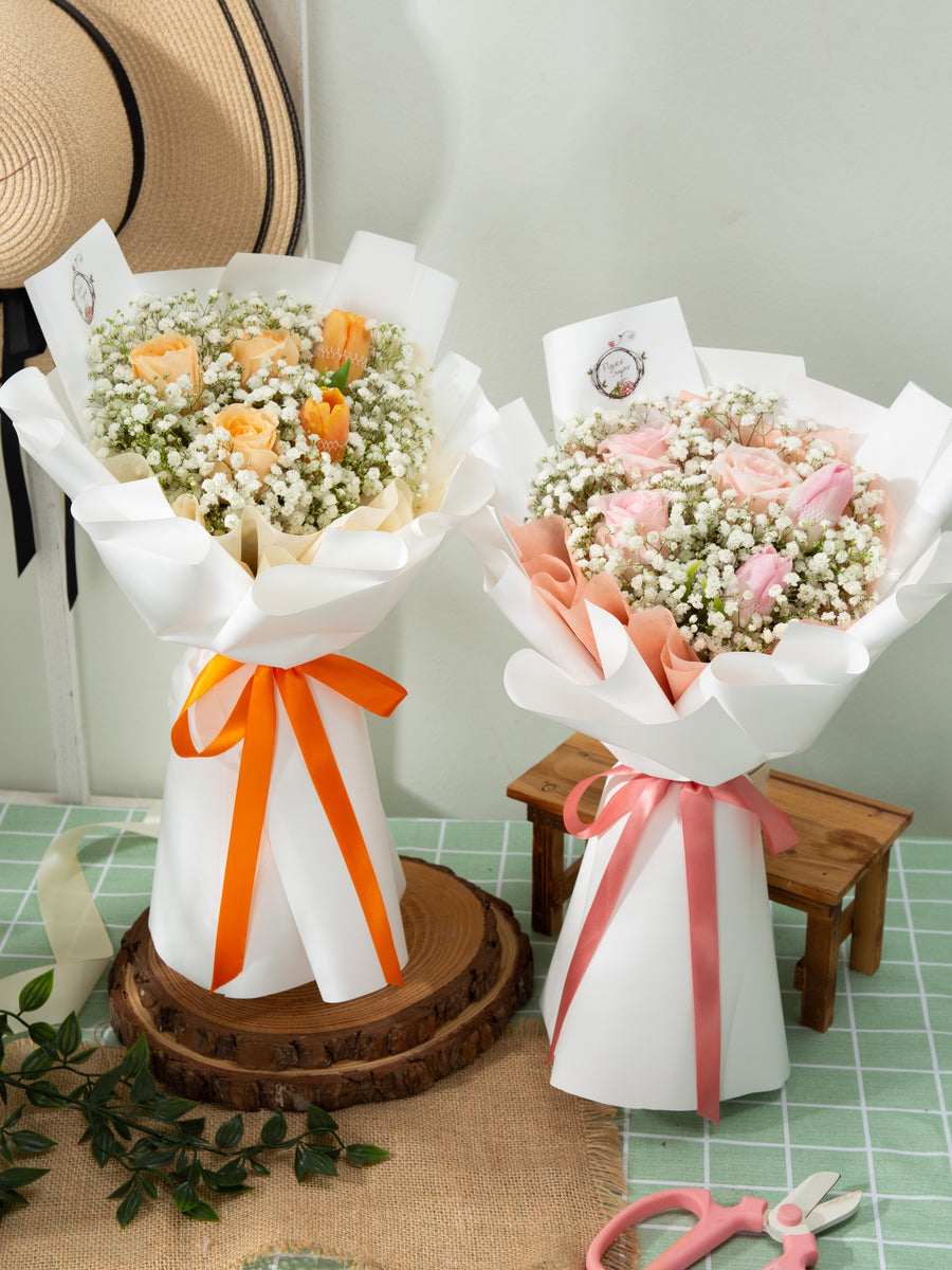 Milky Way | Rose, Tulip, Baby's Breath Hand Bouquet – Flower Sugar