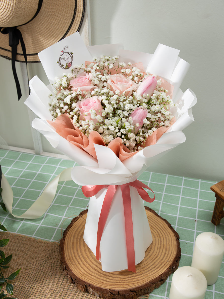 Milky Way | Rose, Tulip, Baby's Breath Hand Bouquet – Flower Sugar