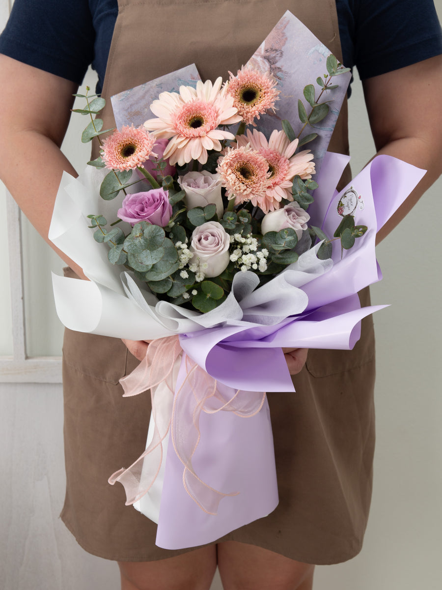 Mystic Daisy | Peach Gebera Daisy Hand Bouquet With Purple Roses ...