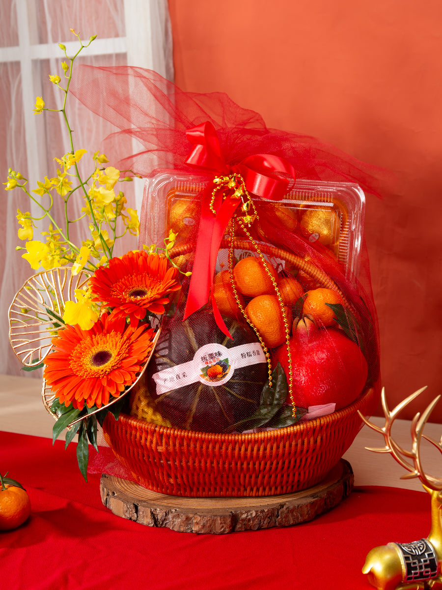 Radiant Wealth | Chinese New Year Fruit & Fresh Flower Basket – Flower ...
