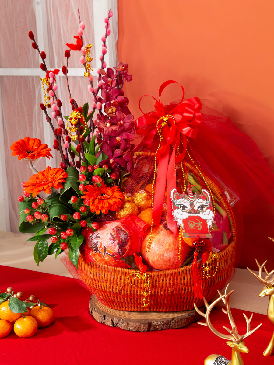 Scarlet Wealth | Chinese New Year Fruit & Fresh Flower Basket – Flower ...