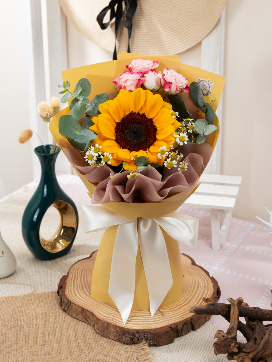 Sunny Grace | Sunflower Bouquet With Spray Roses And Chamomile – Flower ...