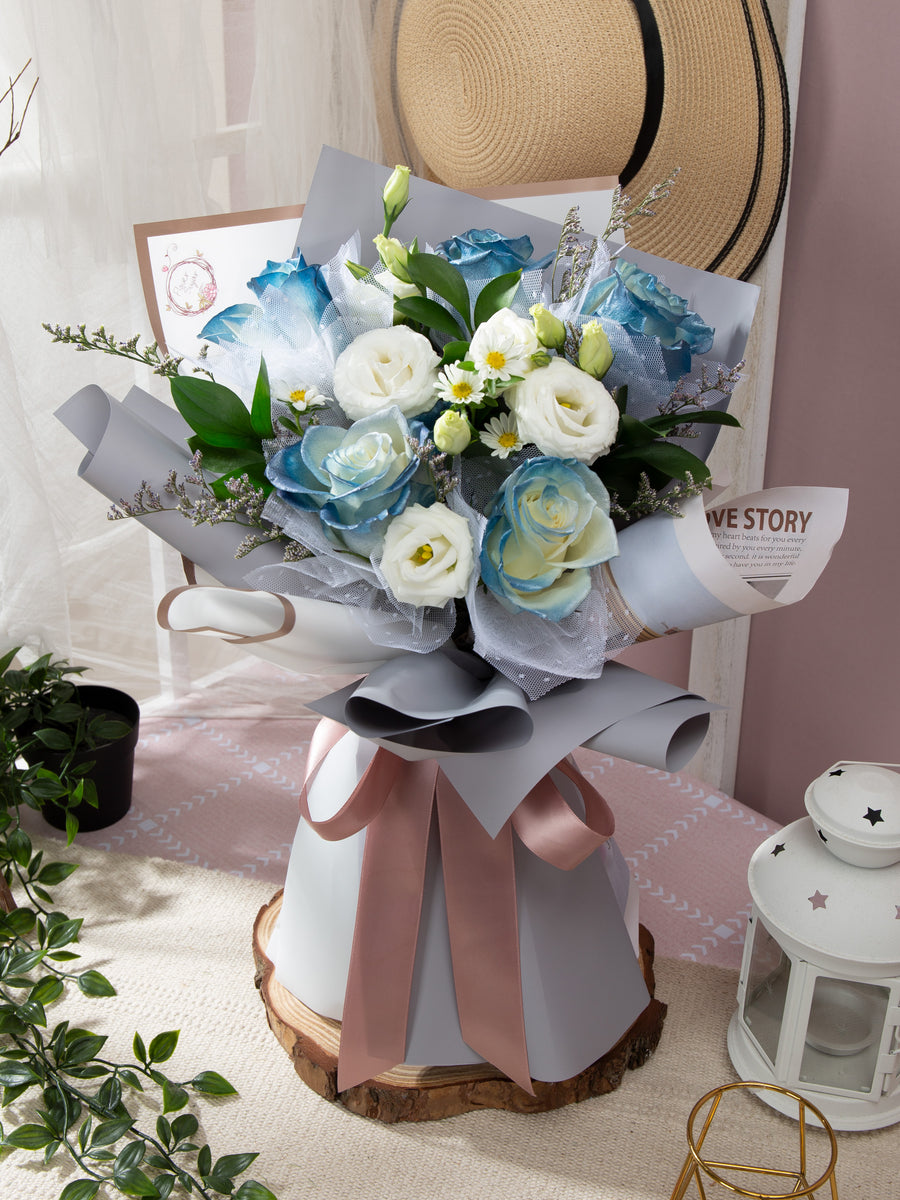 Azure | Blue Kenya Rose & White Eustomas Hand Bouquet – Flower Sugar
