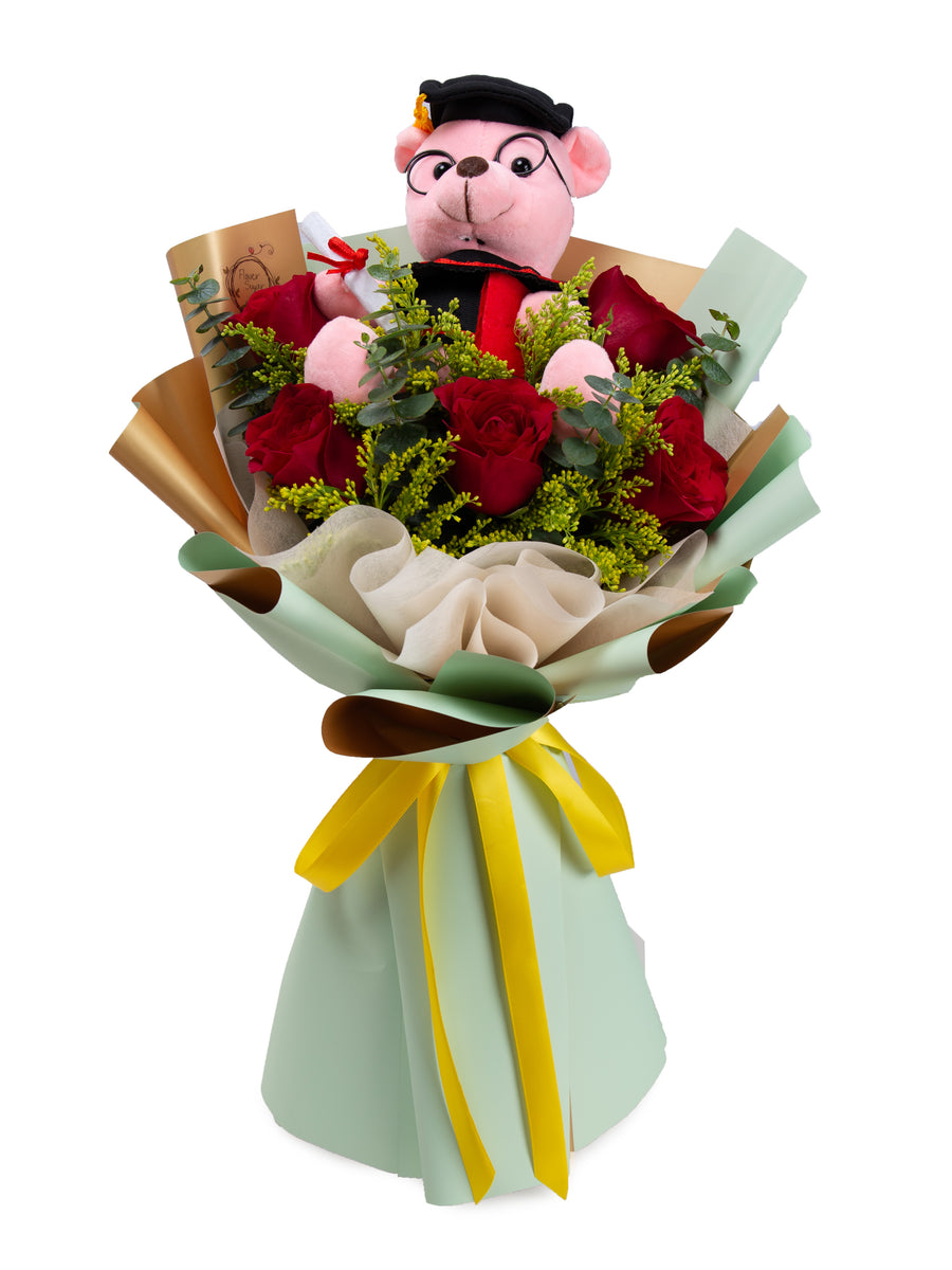 Julie Bear | Red Rose & Graduation Teddy Bear Bouquet – Flower Sugar