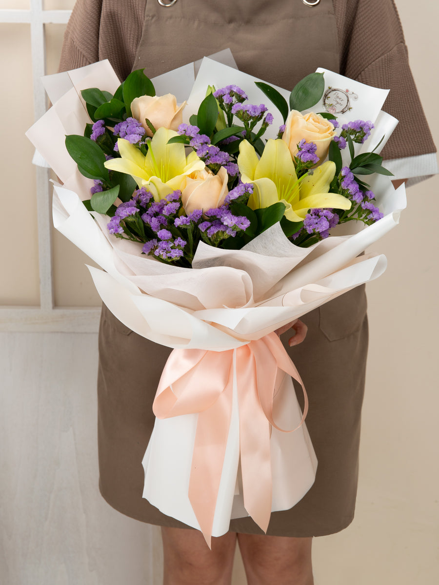 Missing You | Yellow Lily & Purple Statice Hand Bouquet – Flower Sugar