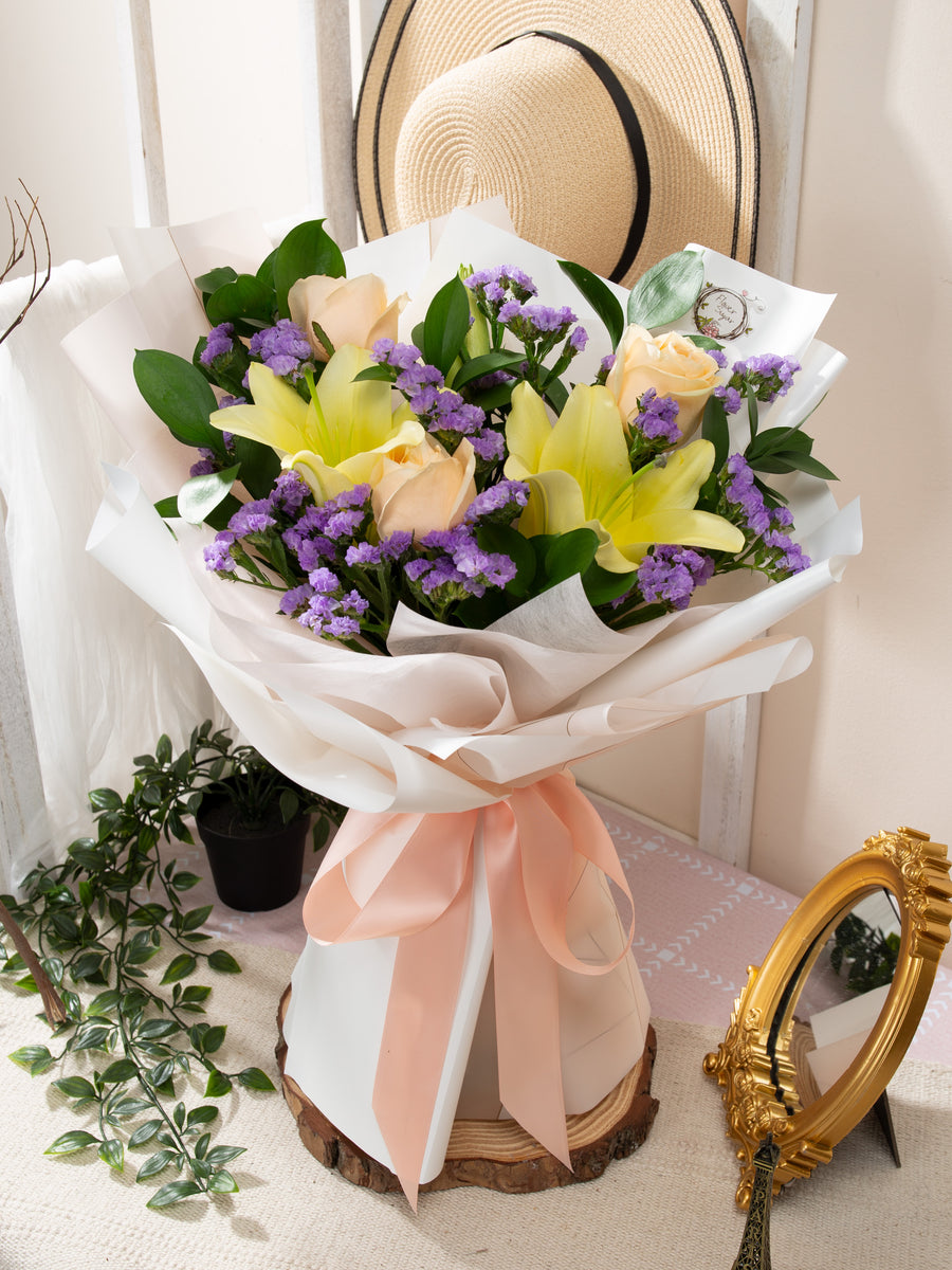 Missing You | Yellow Lily & Purple Statice Hand Bouquet – Flower Sugar
