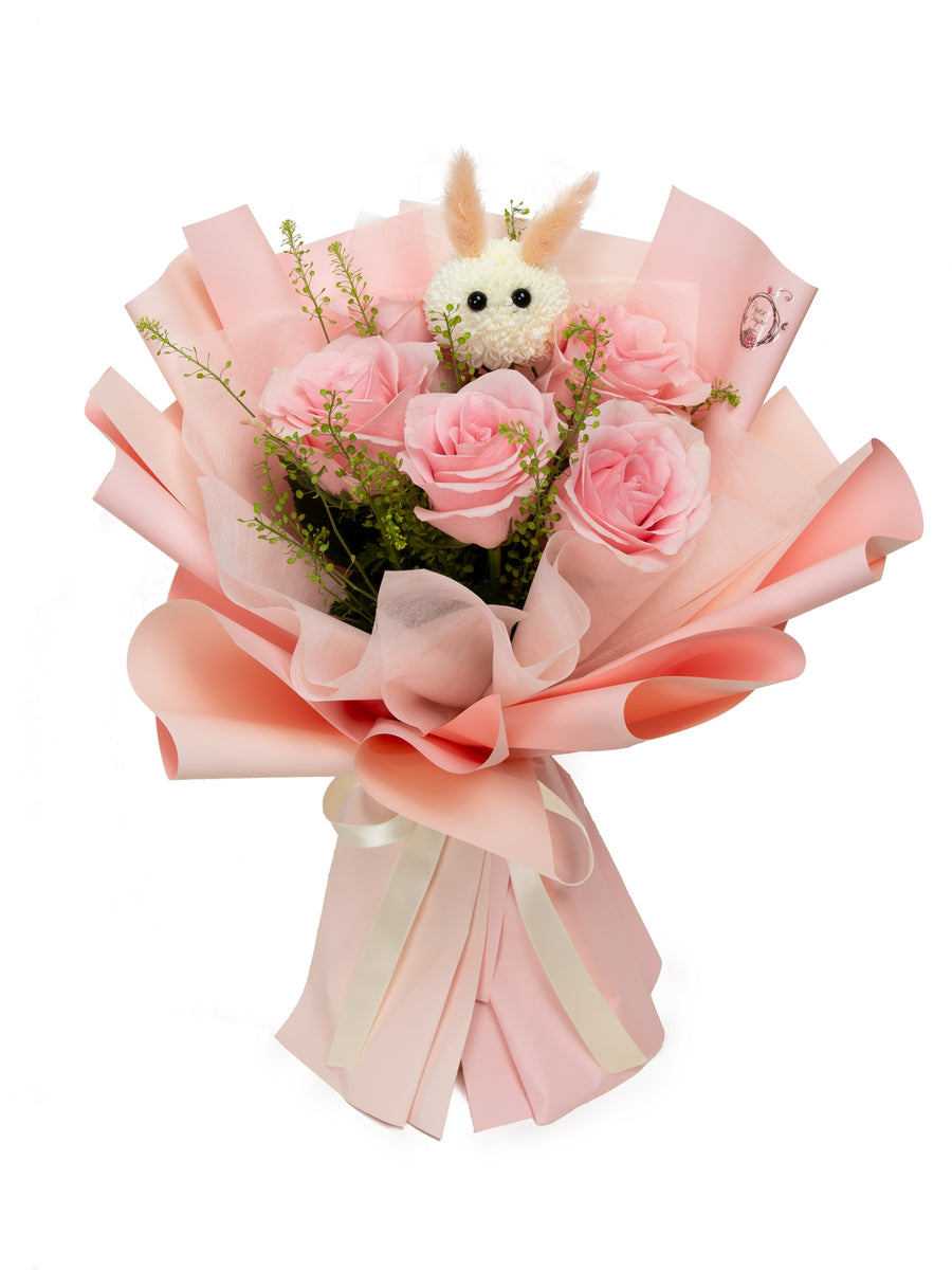 Pinkie - Pink Rose Bouquet With Bunny Ping Pong – Flower Sugar