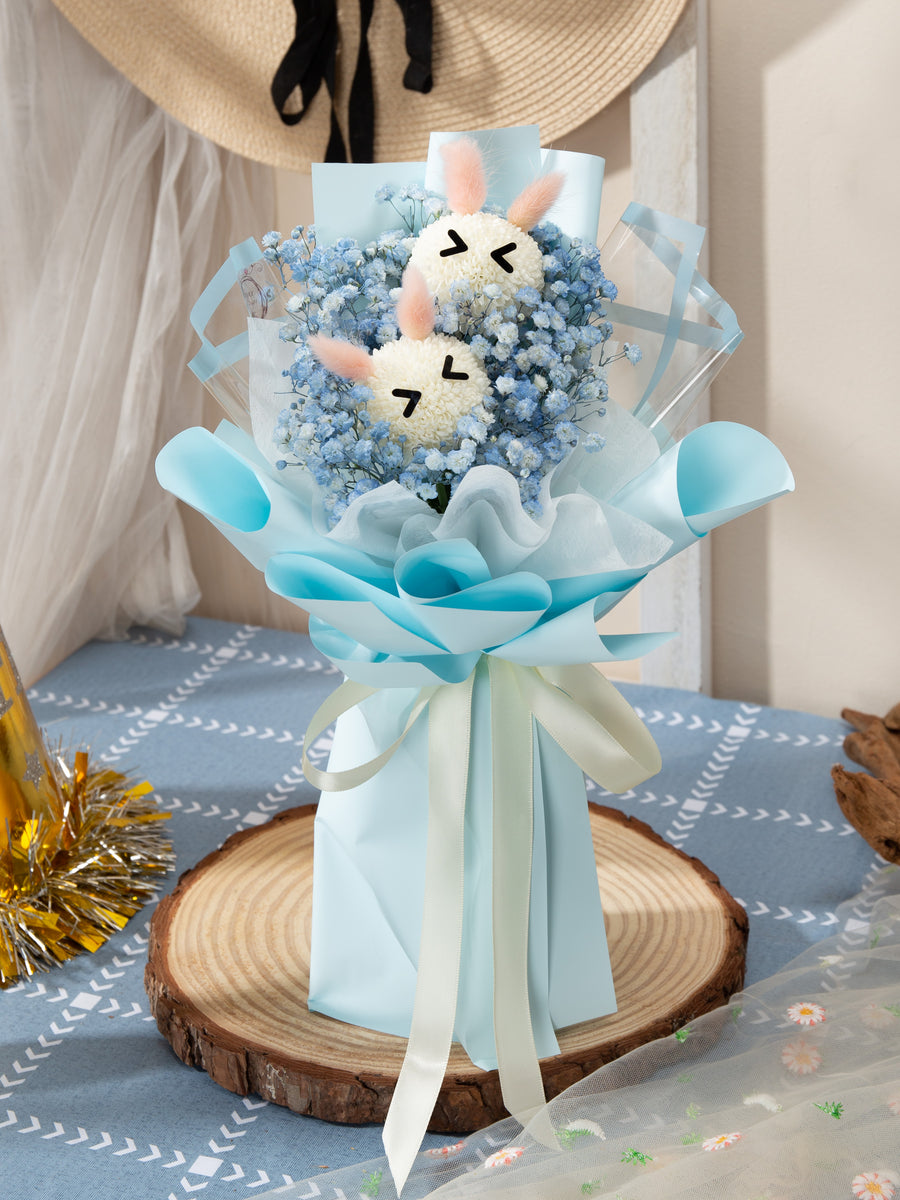 Twin Bunny | Ping Pong Chrysanthemum & Baby Breath Bouquet – Flower Sugar